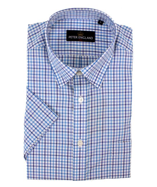 Peter England Blue Tattersall Check Short Sleeve Cotton Shirt - Peter ...